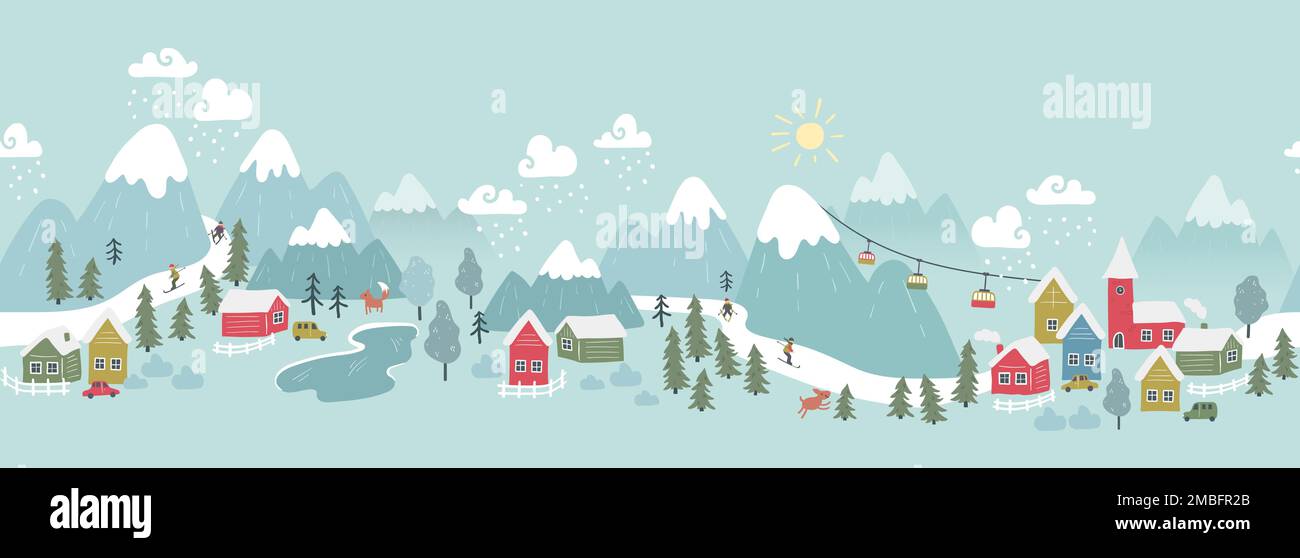 Fun hand drawn winter scenery with a colorful village, ski area ...