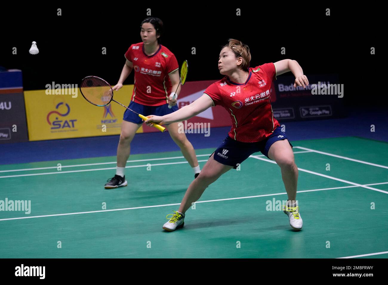 China's Jia Yi Fan, left and Chen Qing Chen play South Korea's Shin Seung-chan and Lee So-hee ...