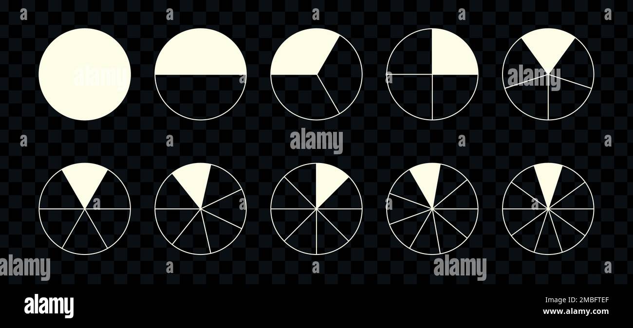 Fractions pie divided for math. Circle pie with pieces. Segment slice set. Simple geometry ...