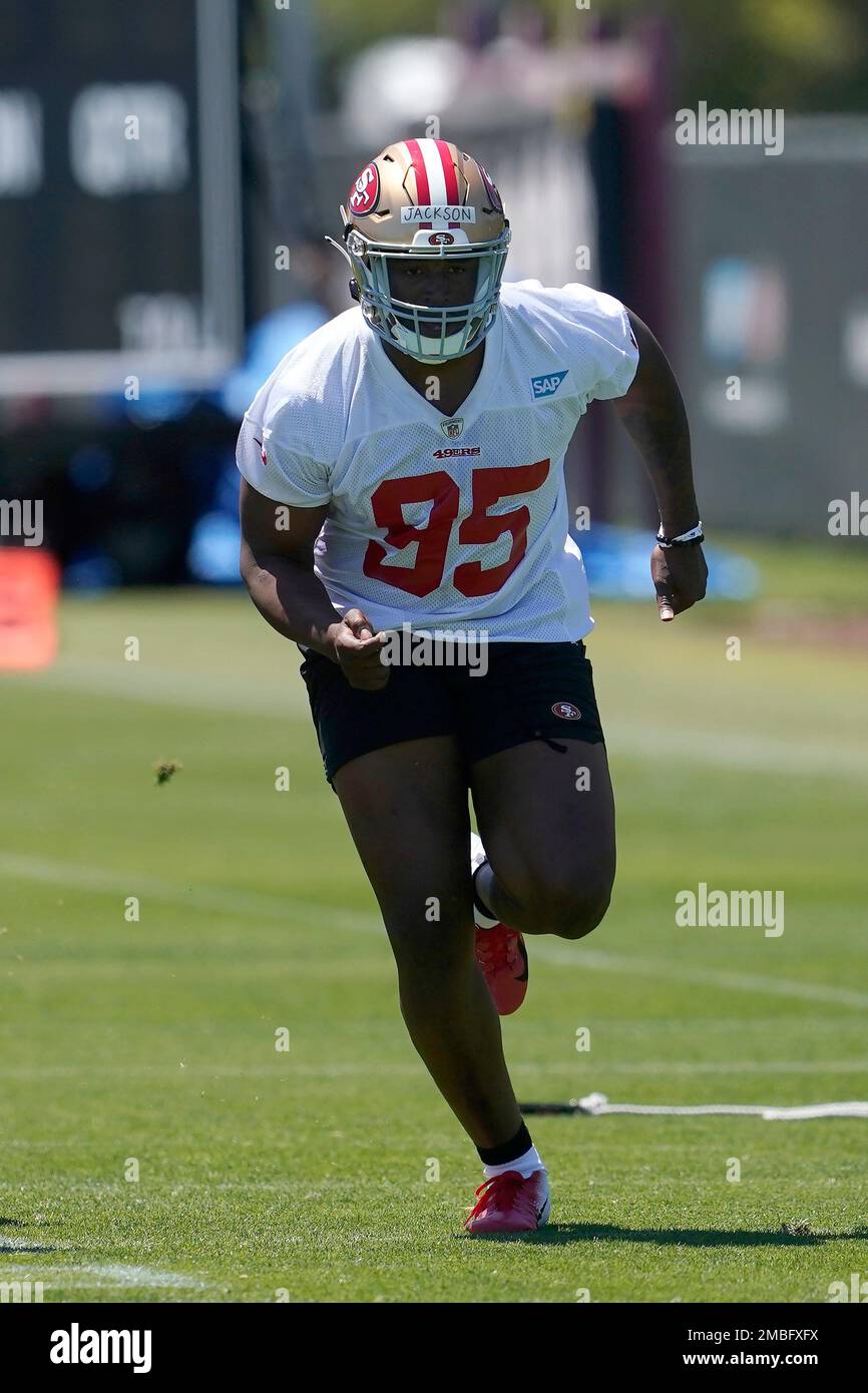 San Francisco 49ers' Drake Jackson runs a drill at the NFL team's ...