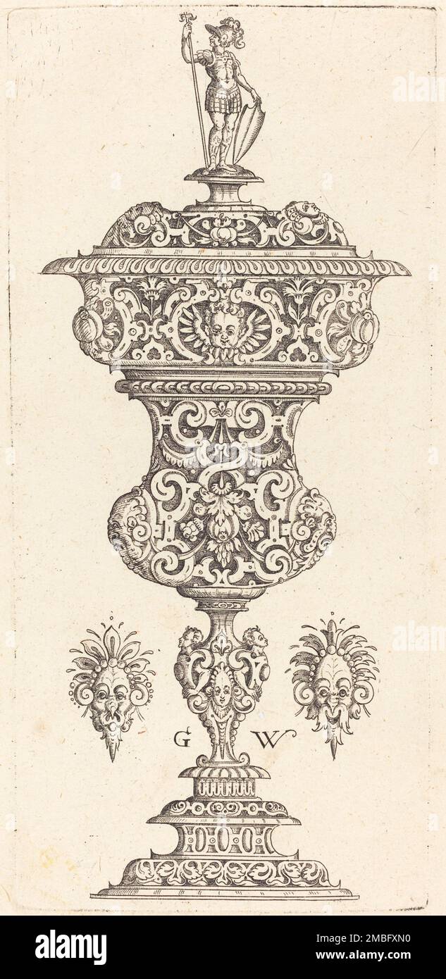 Goblet with lid surmounted by a Roman soldier, published 1579 Stock ...