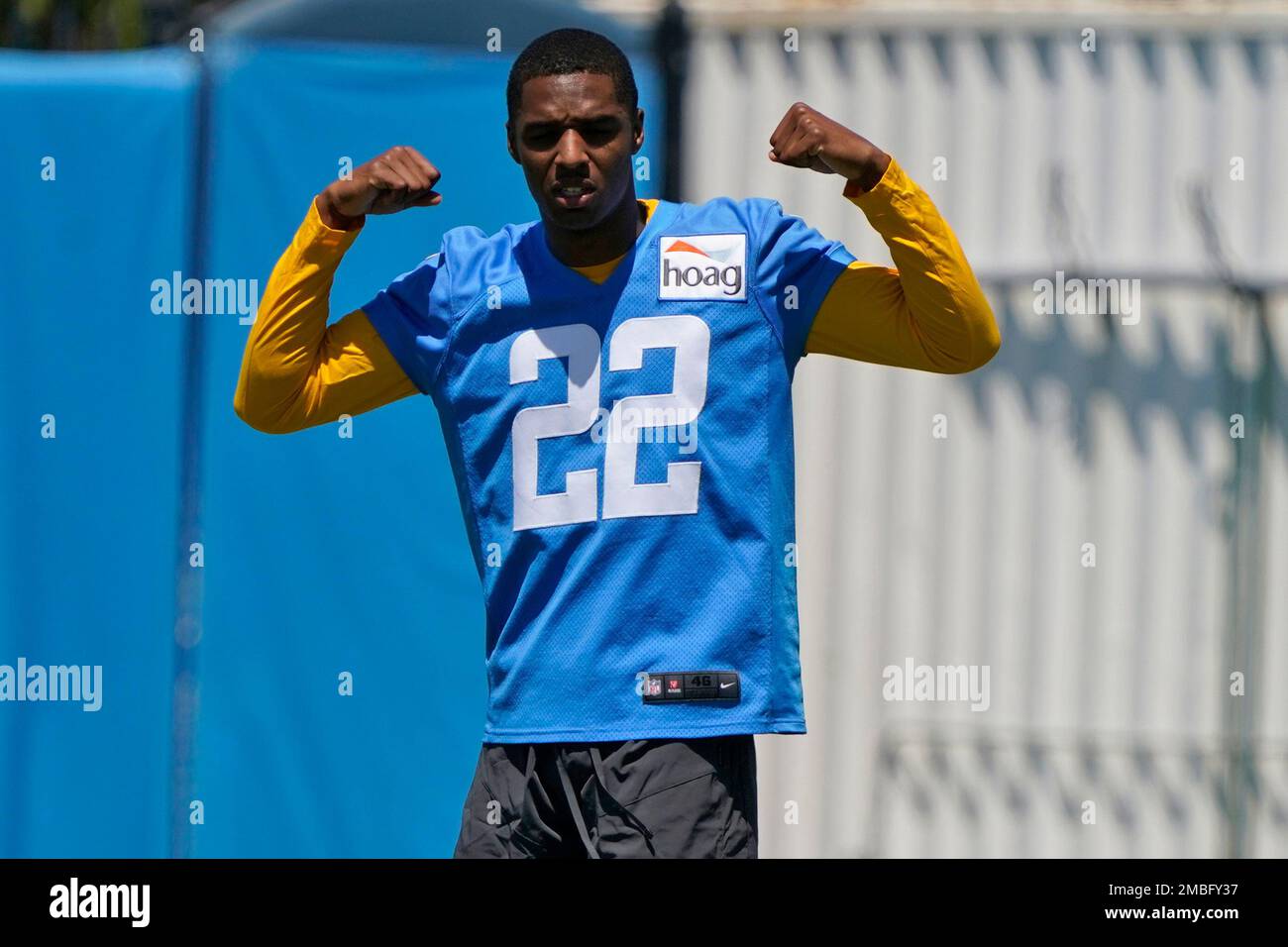 Los Angeles Chargers safety JT Woods stands on the field during an NFL ...