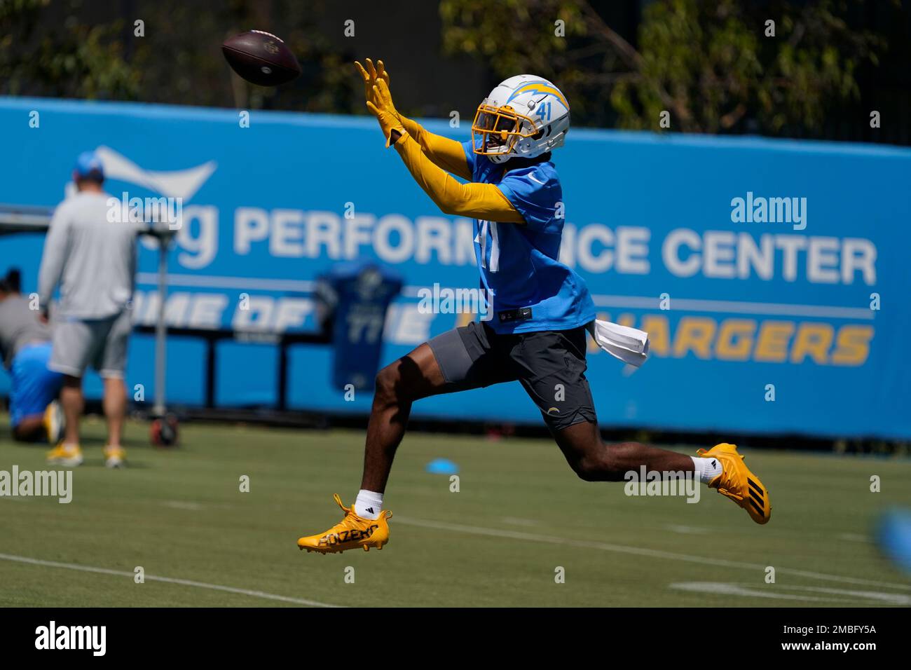 Los Angeles Chargers safety Raheem Layne makes a catch during an NFL ...
