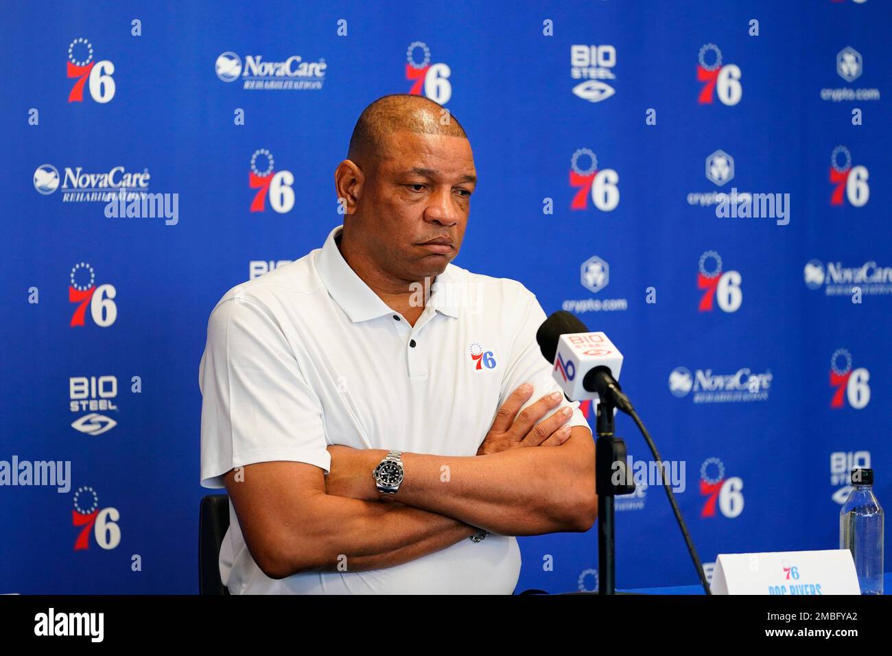 Philadelphia 76ers' Doc Rivers pauses during a news conference at the ...