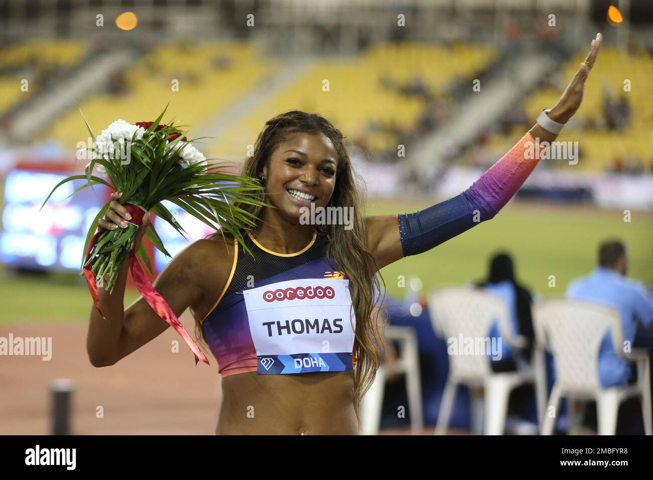 Gabrielle Thomas, of the United States, celebrates winning the women's ...