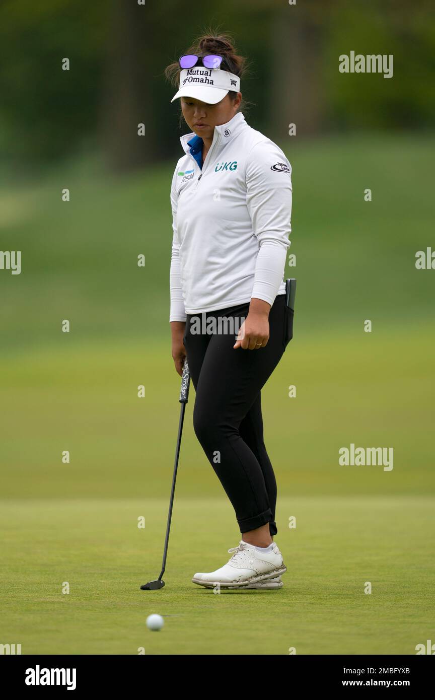 Megan Khang reacts after missing her putt on the fifth green during the ...