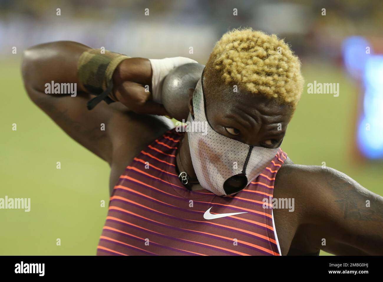 Raven Saunders, of the United States, competes in the women's shot put ...