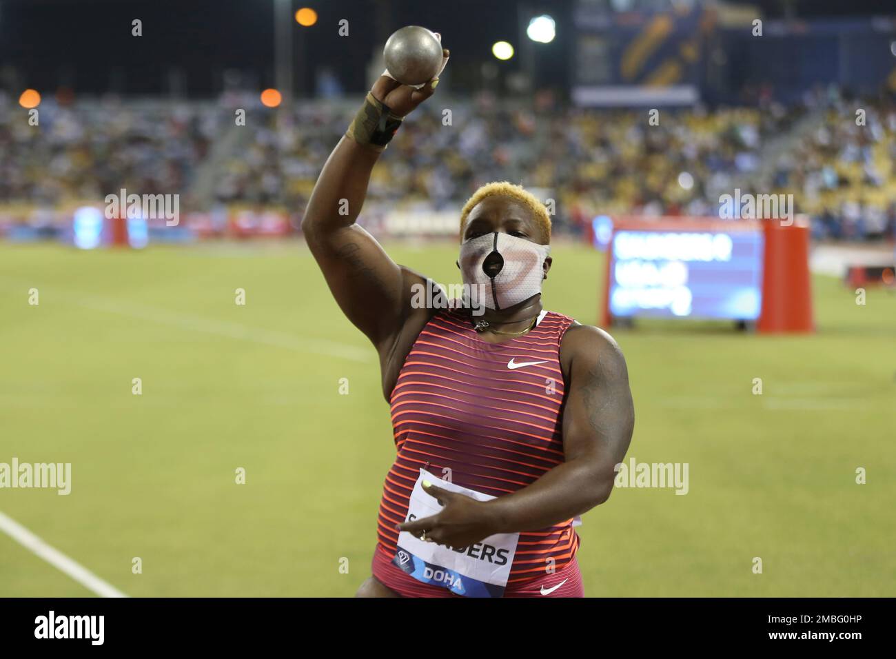 Raven Saunders, of the United States, competes in the women's shot put ...