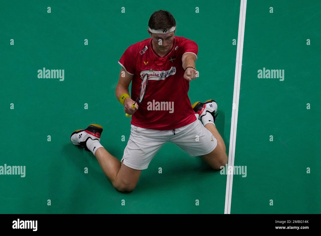 Denmark's Viktor Axelsen reacts after defeating India's Lakshya Sen ...