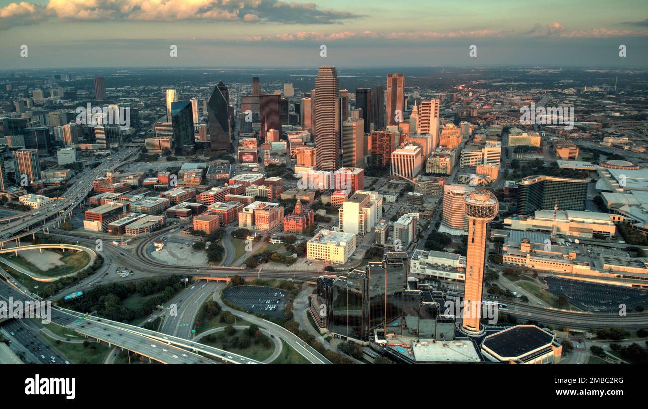 An aerial shot of the skyline of downtown Dallas, Texas during a sunset ...