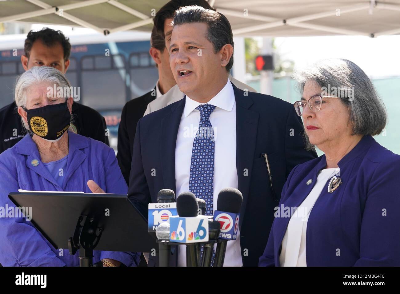 State Senator Jason Pizzo speaks at the unveiling of a banner with the ...