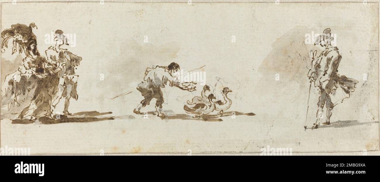An Elegant Couple, a Gooseboy, and a Gentleman [recto], c. 1780 Stock ...