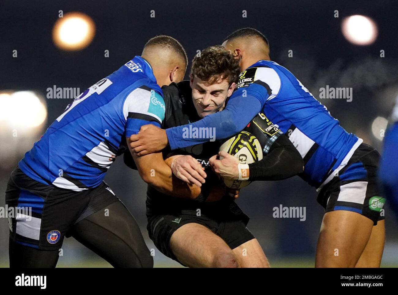 Bath Rugby’s Ollie Lawrence (left) makes a tackle during the EPCR ...