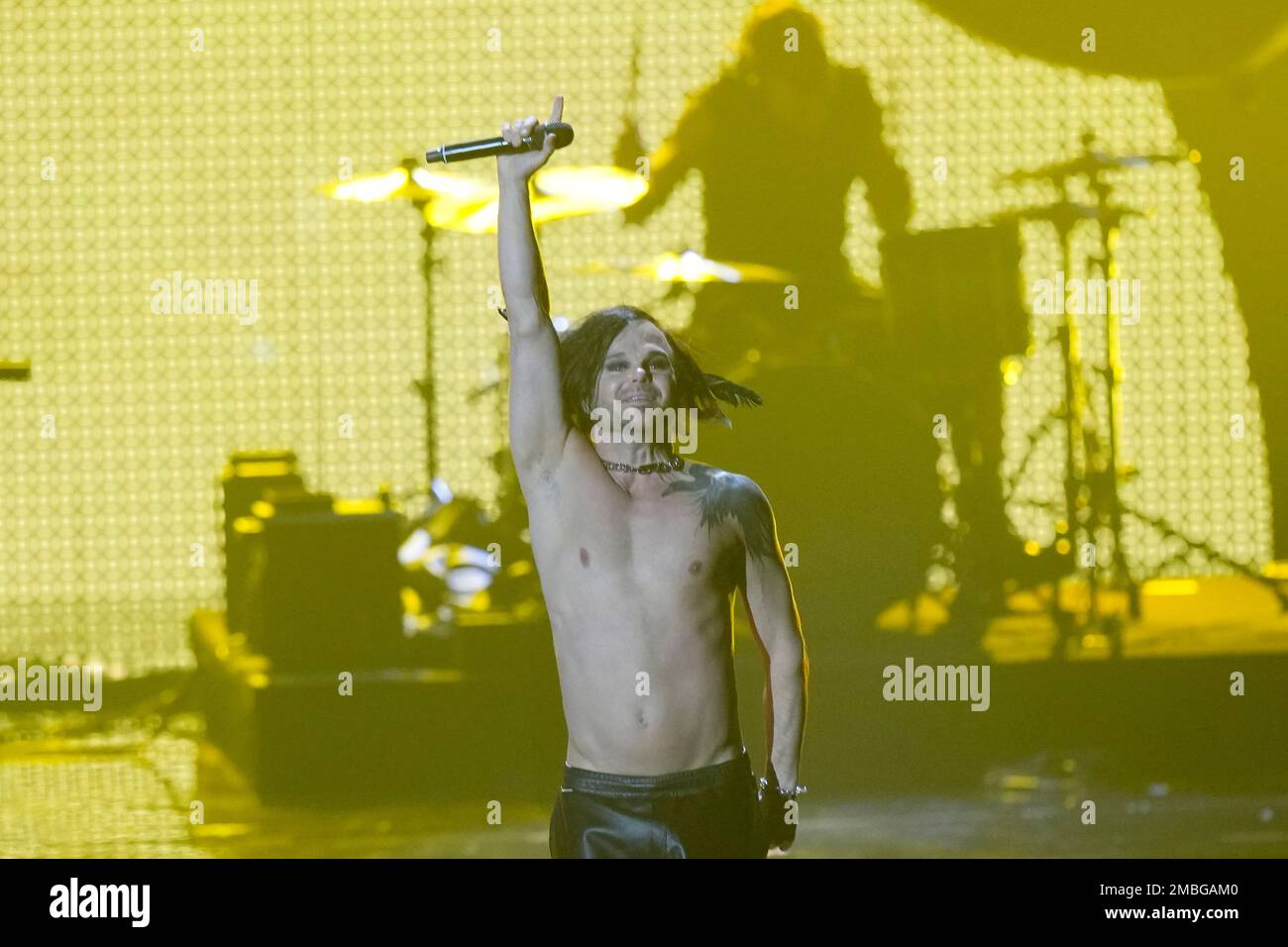 The Rasmus from Finland singing 'Jezebel' performs during rehearsals at ...