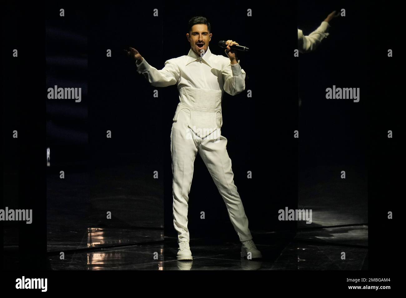 performs during rehearsals at the Eurovision Song Contest in Turin ...