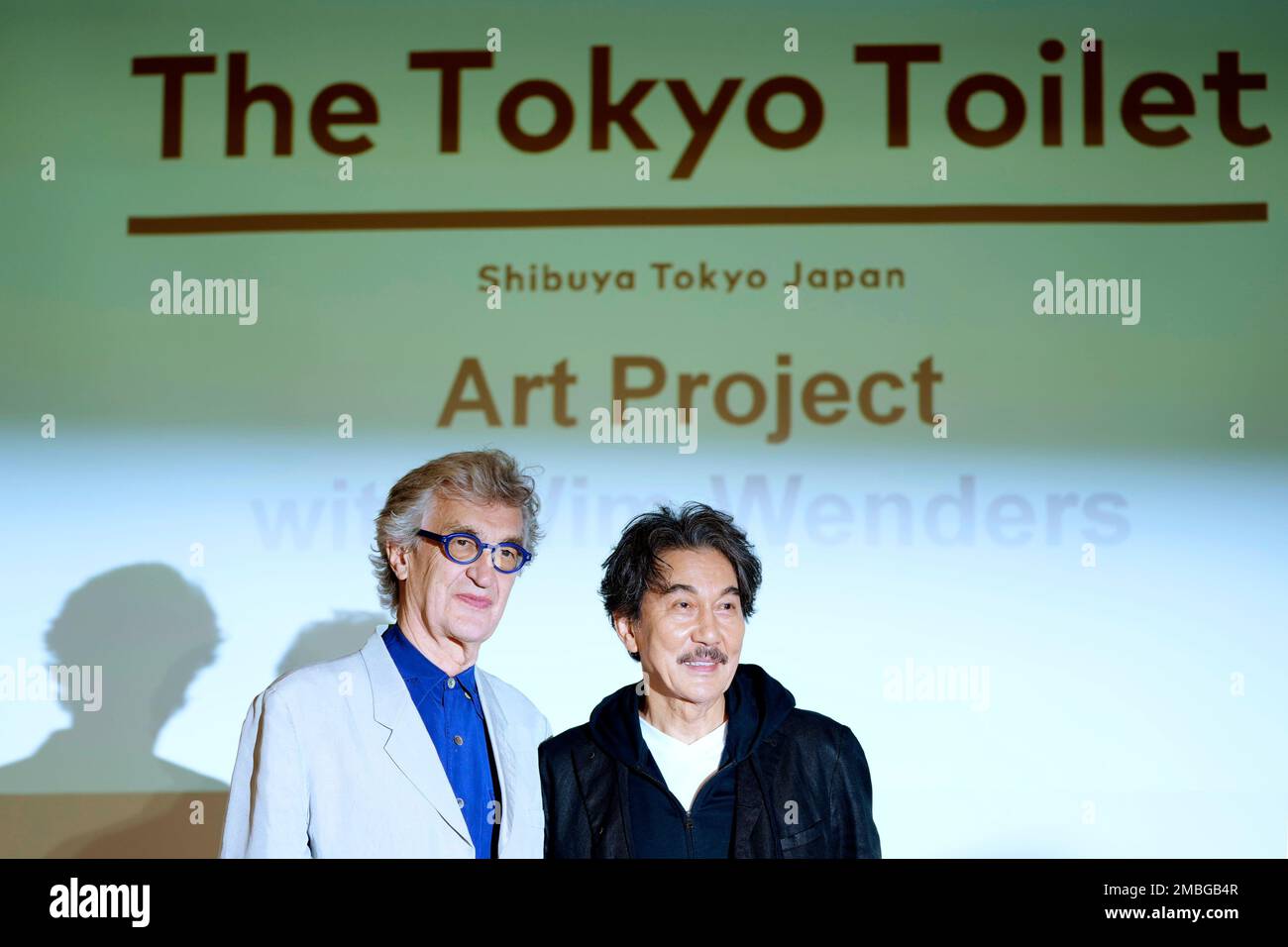 Filmmaker Wim Wenders, left, and actor Koji Yakusho pose together during a press gathering for ...