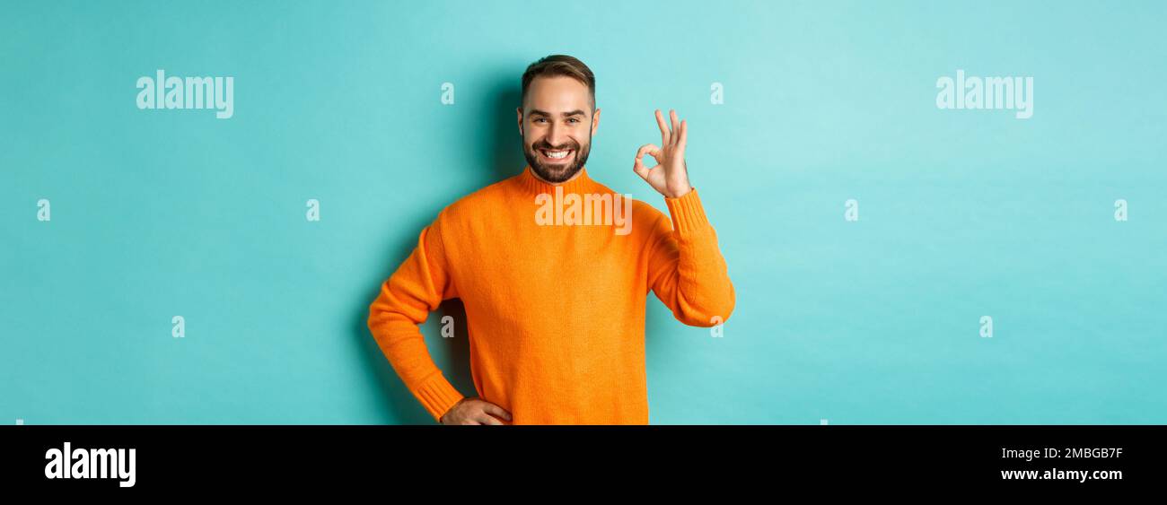 Image of confident handsome man showing ok sign, approve and agree ...