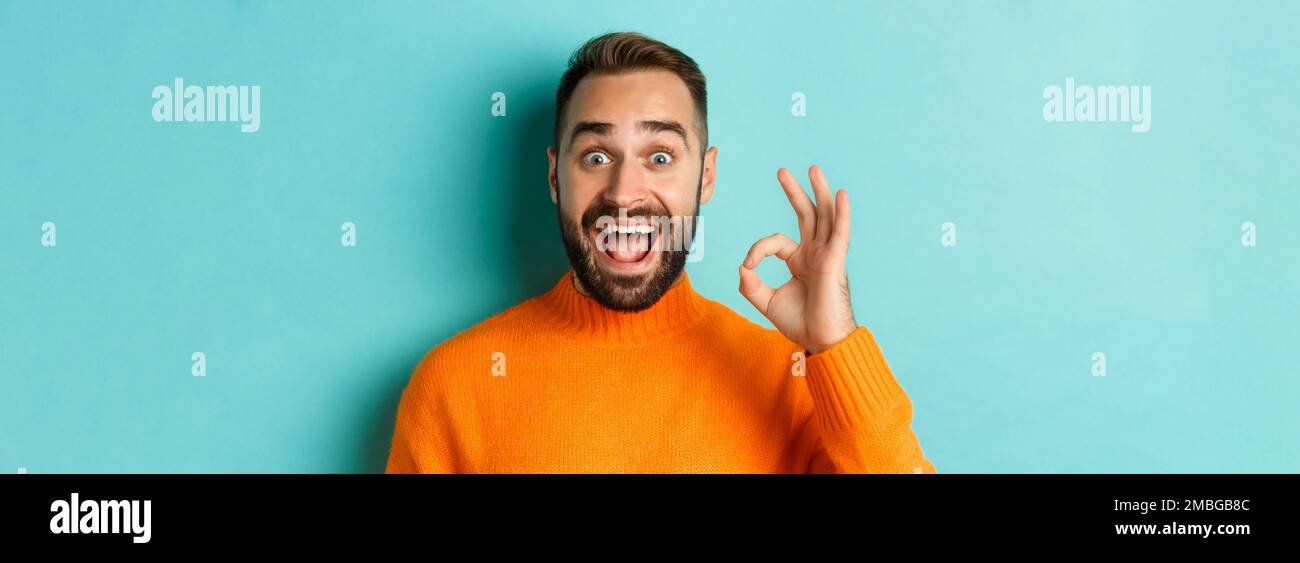 Impressed handsome man showing okay sign, recommending something good ...
