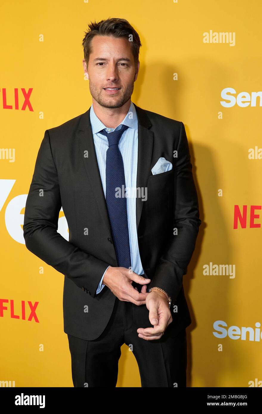 Justin Hartley poses at the premiere of the Netflix film "Senior Year ...