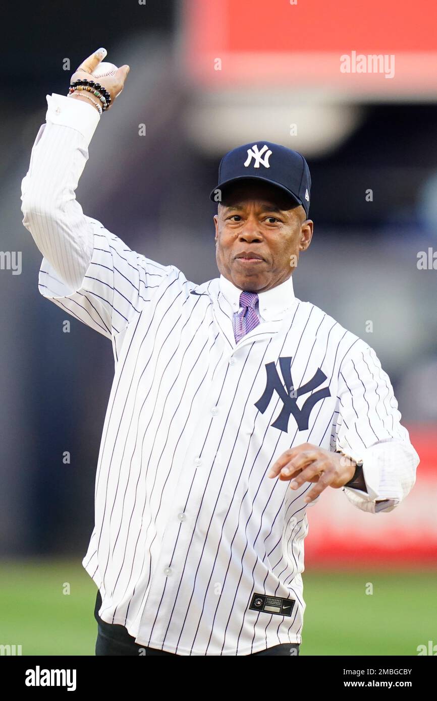 New York City Mayor Eric Adams throws out a ceremonial first pitch ...