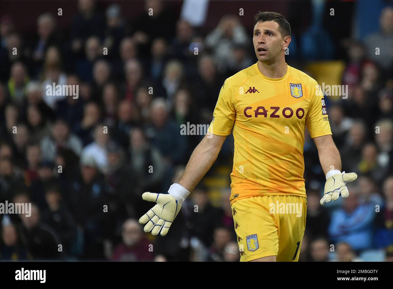 Aston Villa's goalkeeper Emiliano Martinez reacts during the English ...
