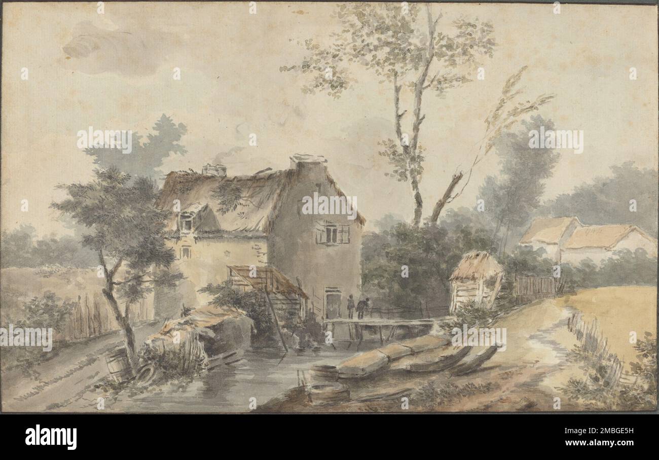 Mill with Bridge and Figures Stock Photo - Alamy