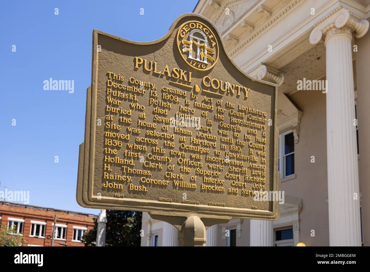 Hawkinsville, Georgia, USA - April 19, 2022: Plaque tells the history of the Pulaski County ...