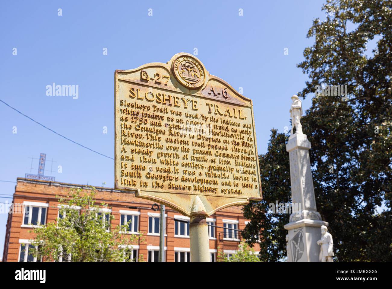 Hawkinsville, Georgia, USA - April 19, 2022: Plaque tells the history ...