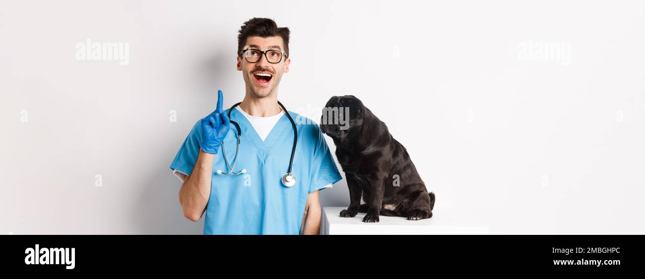 Handsome young doctor at vet clinic pointing finger up and looking ...