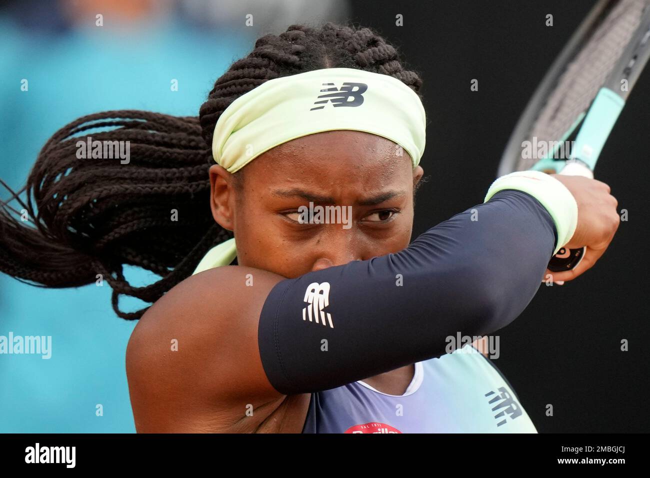 Coco Gauff returns the ball to Angelique Kerber during their match at the Italian Open tennis ...