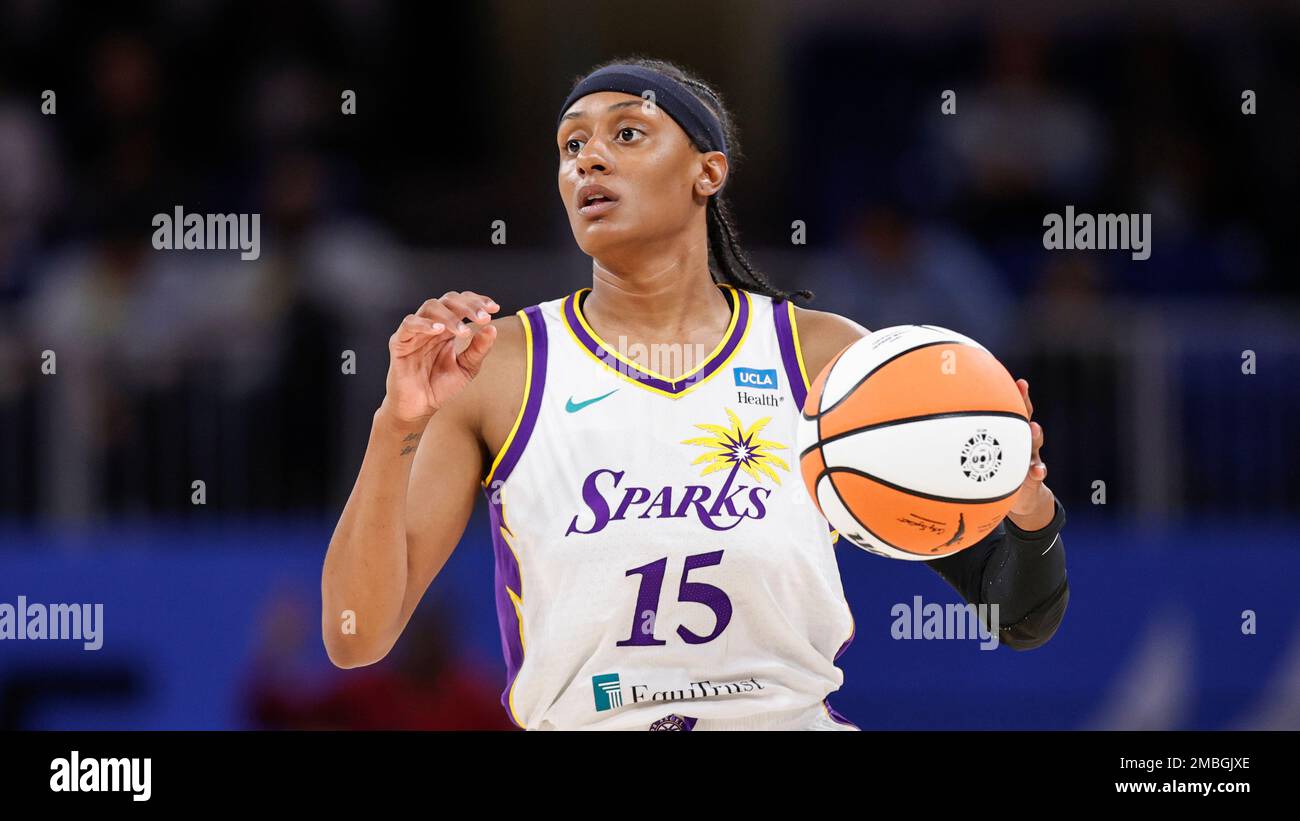 Los Angeles Sparks guard Brittney Sykes brings the ball up court ...
