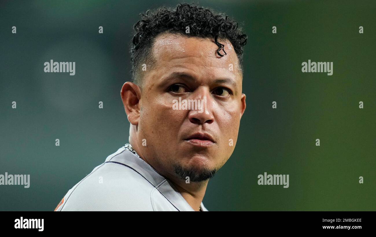 Detroit Tigers' Miguel Cabrera looks on before a baseball game against ...