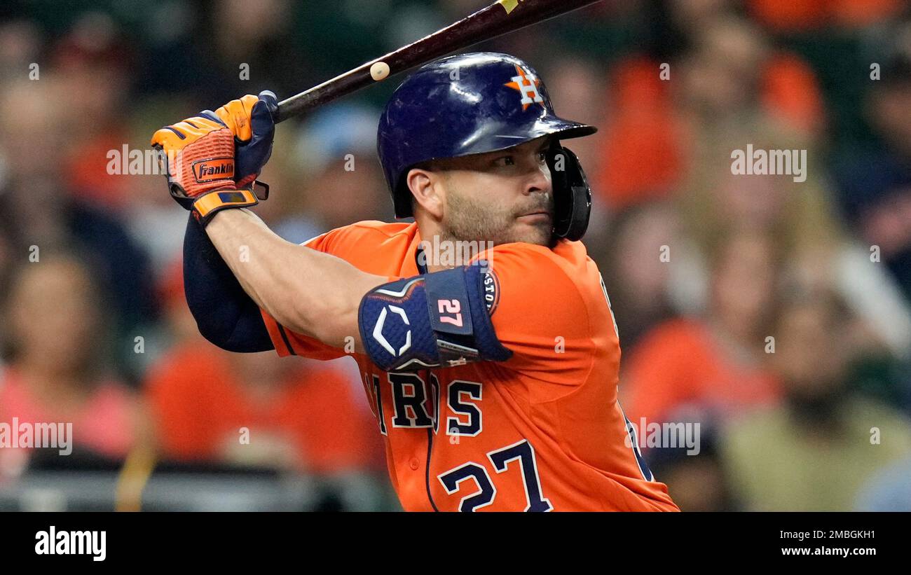 Houston Astros' Jose Altuve bats during the second inning of a baseball ...