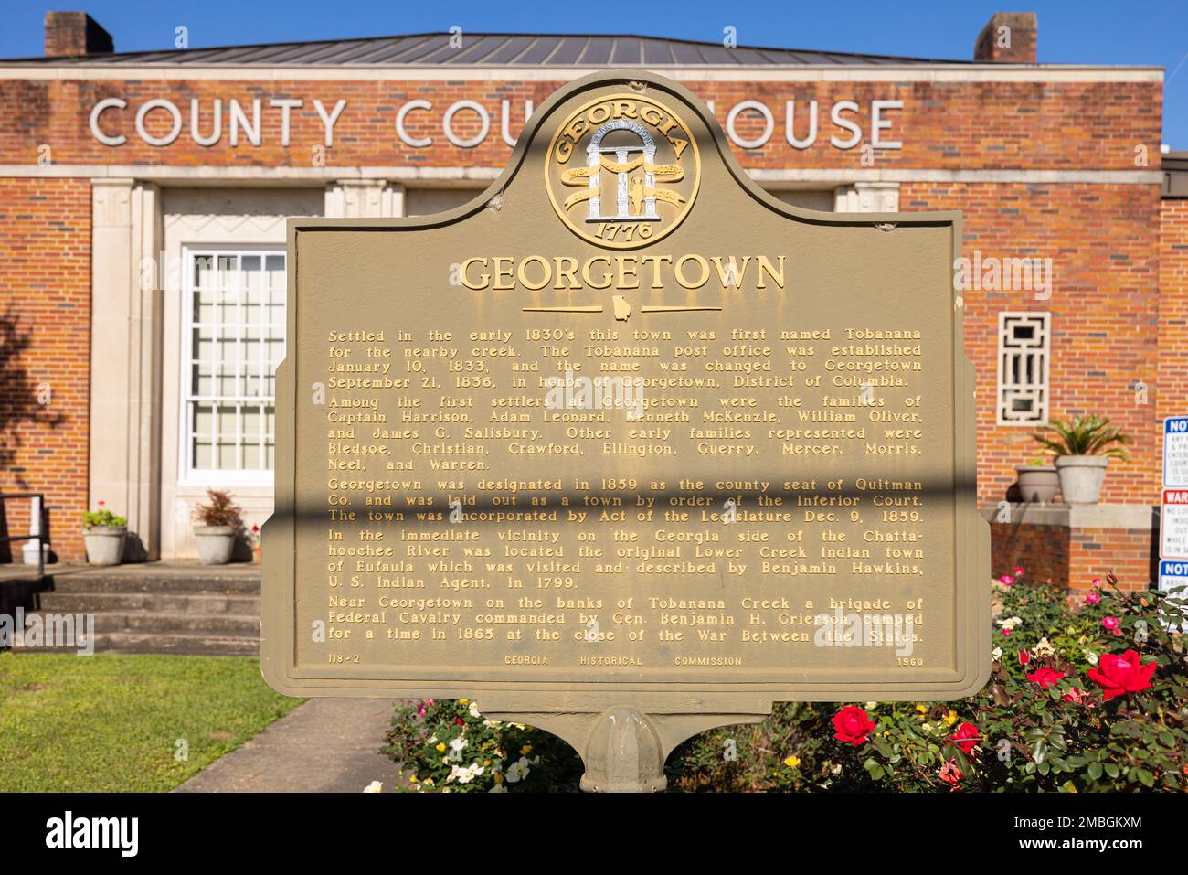 Georgetown, Georgia, USA - April 19, 2022: Plaque tells the history of the Georgetown Stock ...