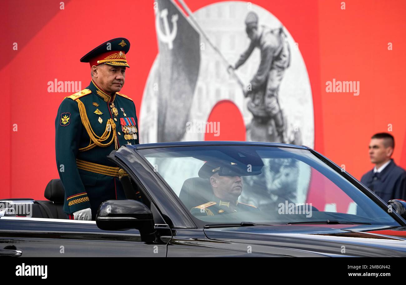 Russian Defense Minister Sergei Shoigu is driven along Red Square in ...