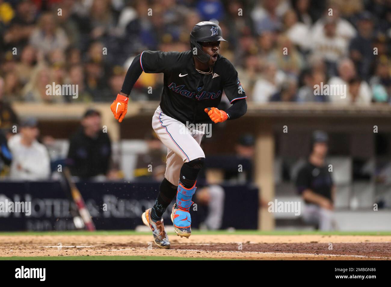 Miami Marlins' Jazz Chisholm Jr. runs to first base during a baseball ...
