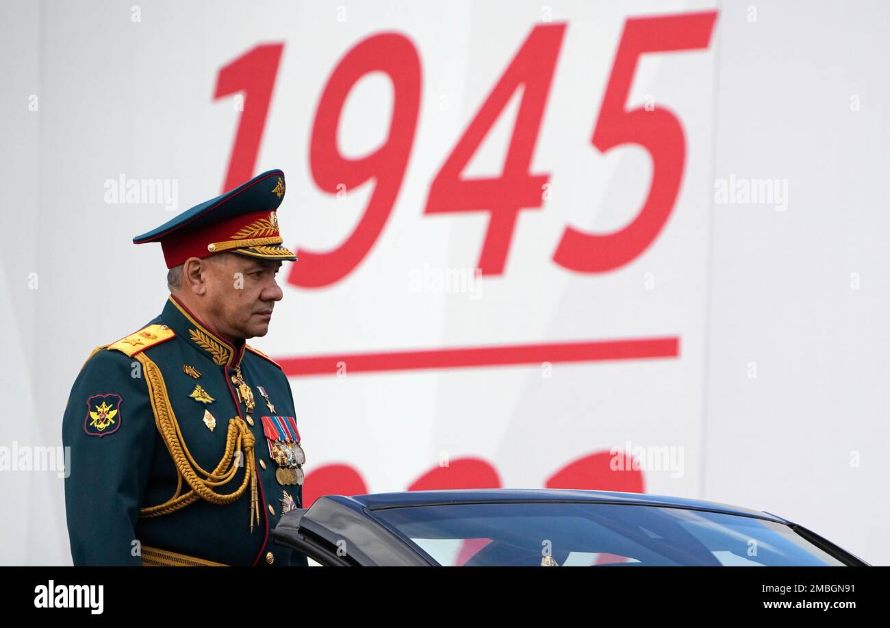 Russian Defense Minister Sergei Shoigu is driven along Red Square in ...