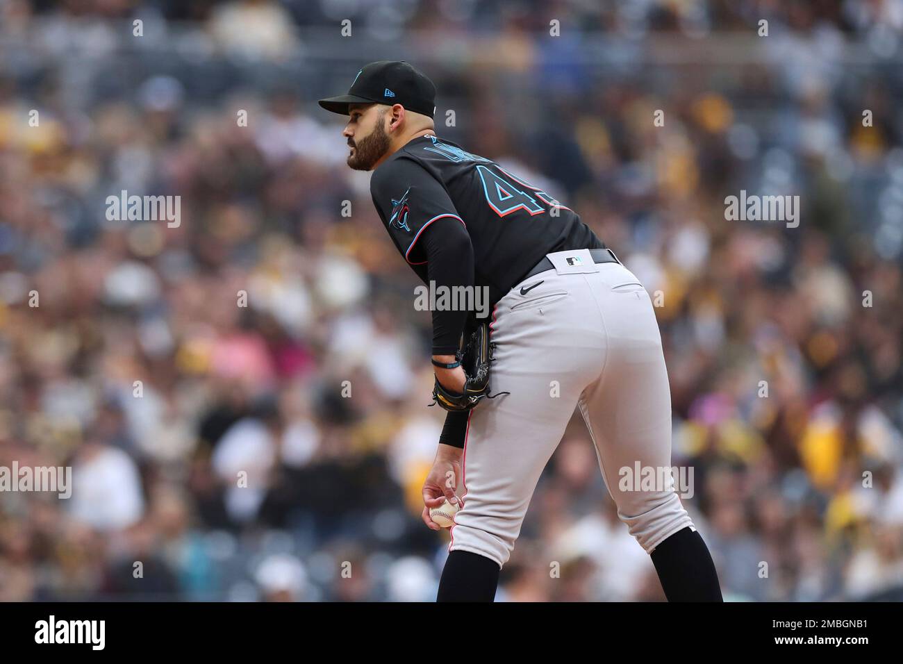 Miami Marlins starting pitcher Pablo Lopez looks in for sign during a ...
