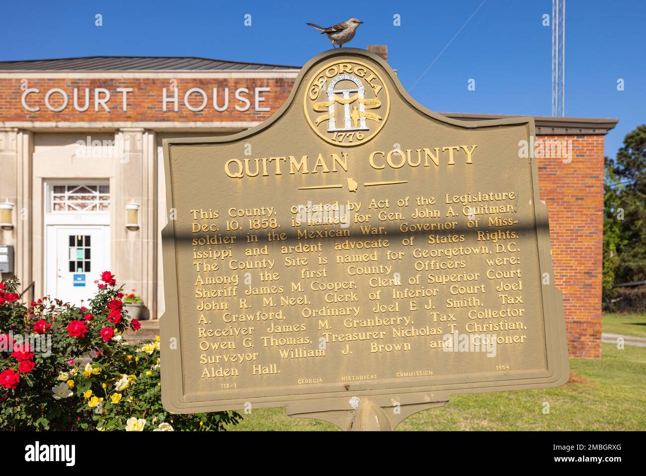 Georgetown, Georgia, USA - April 19, 2022: Plaque tells the history of the Quitman County Stock ...