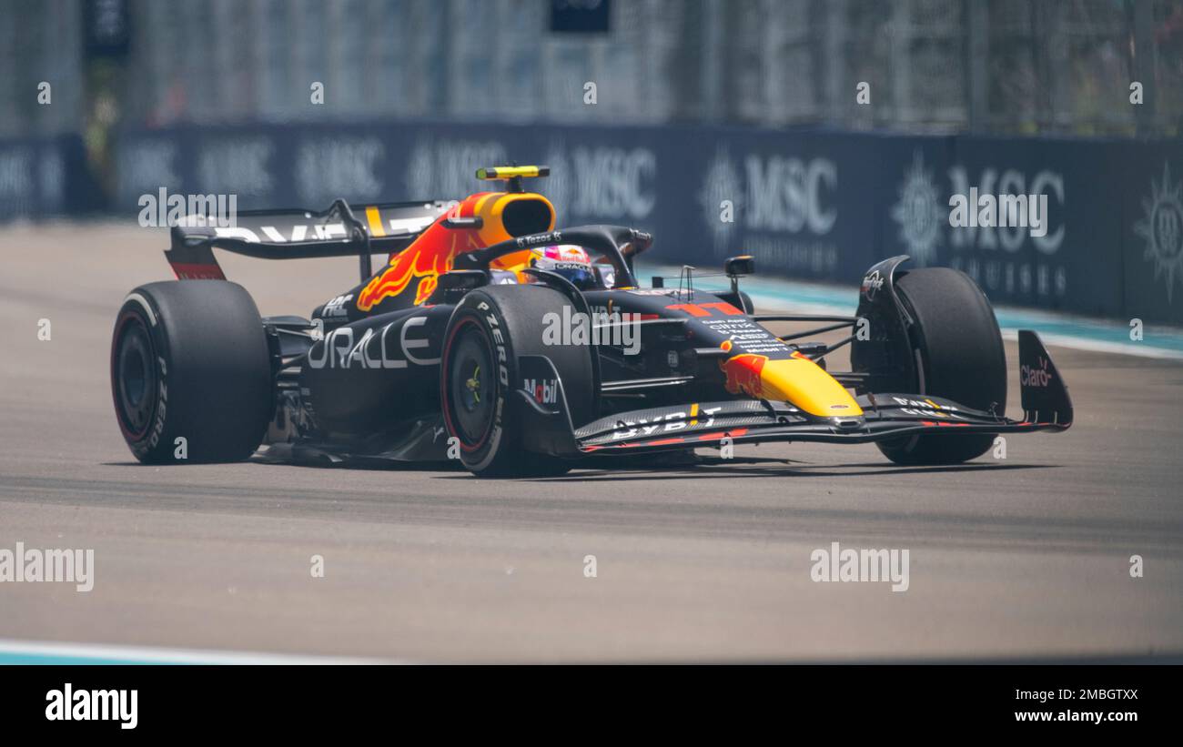 Red Bull driver Sergio Perez of Mexico, steers his car during the practice session for the ...