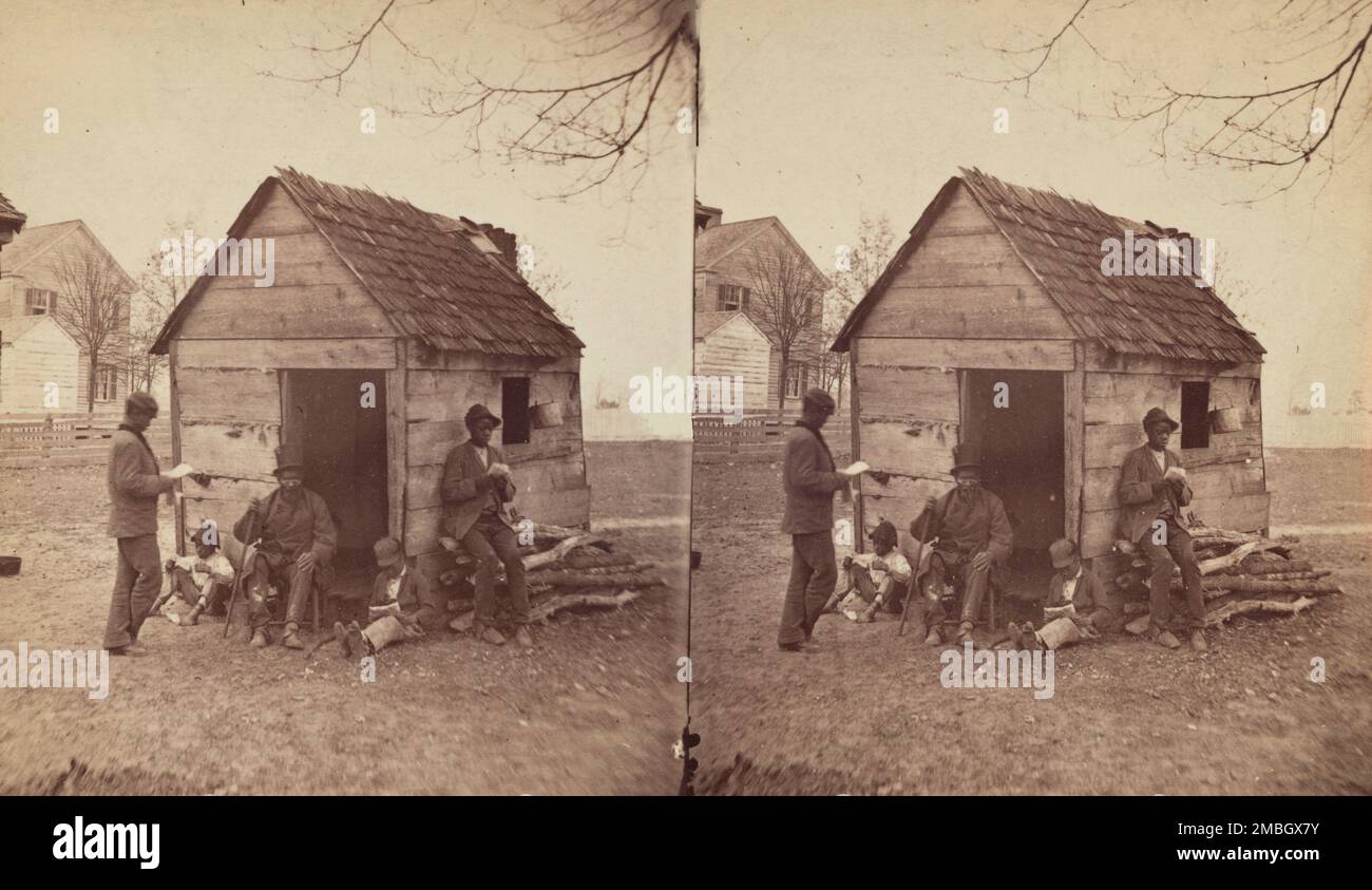 School house. [Man in a top hat in front of a shack with several boys with books], (1868-1900 ...