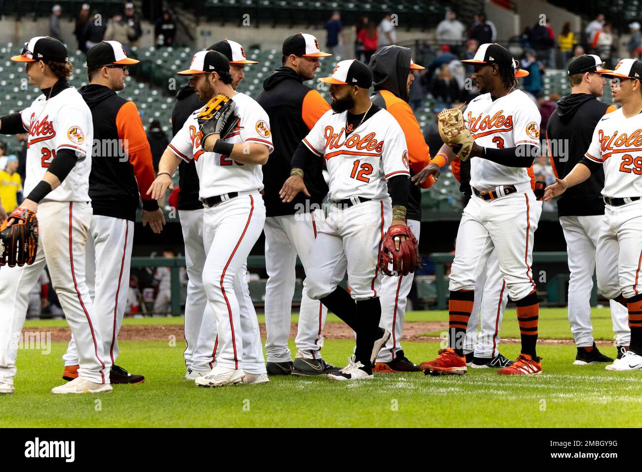 Baltimore Orioles players celebrate their 9-5 win over the Boston Red ...