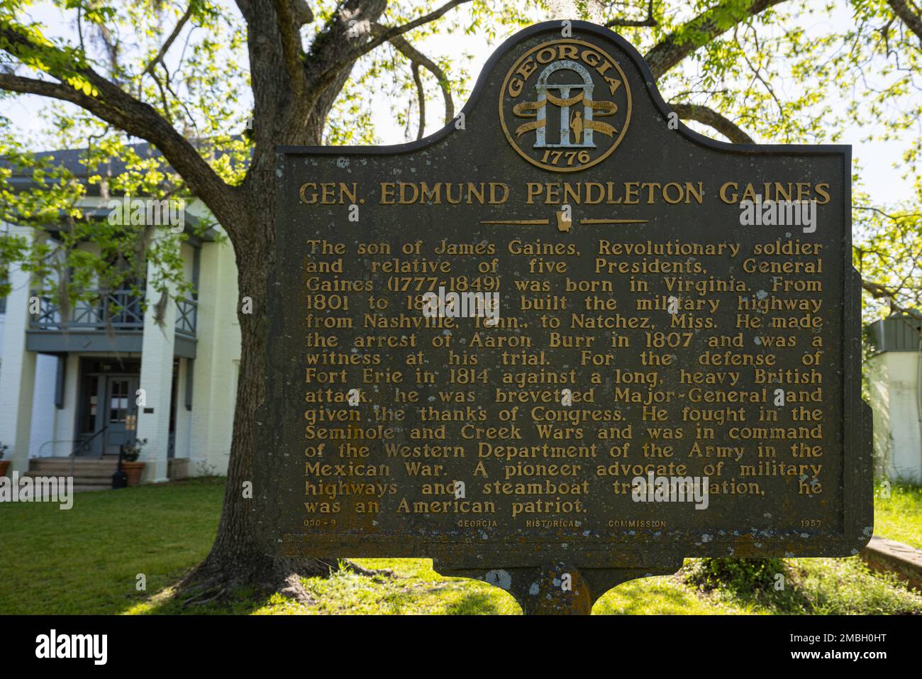 Fort Gaines, Georgia, USA - April 19, 2022: Plaque tells the history of Gen, Edmund Pendleton ...