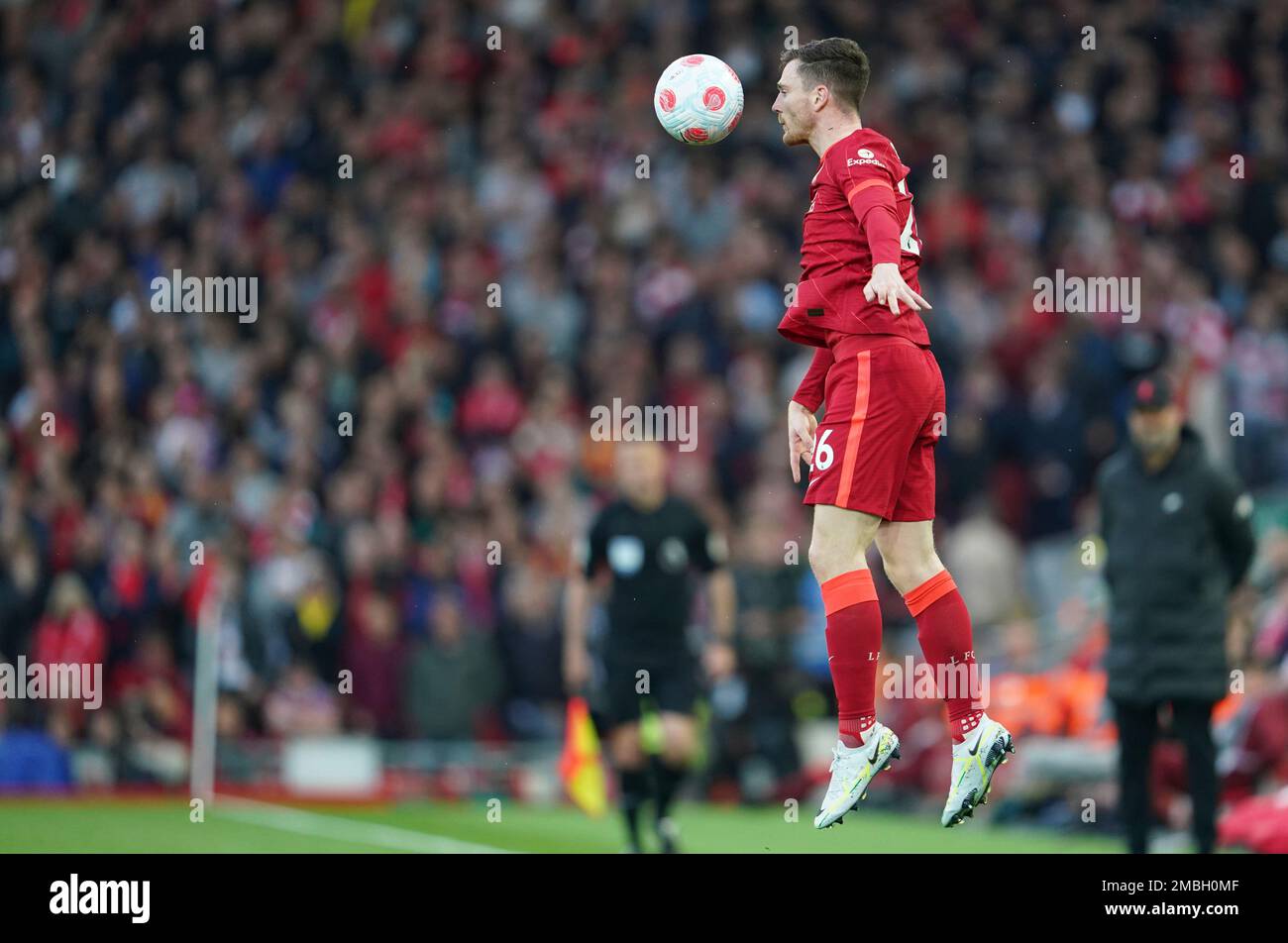 Liverpool's Andrew Robertson heads the ball during the English Premier ...