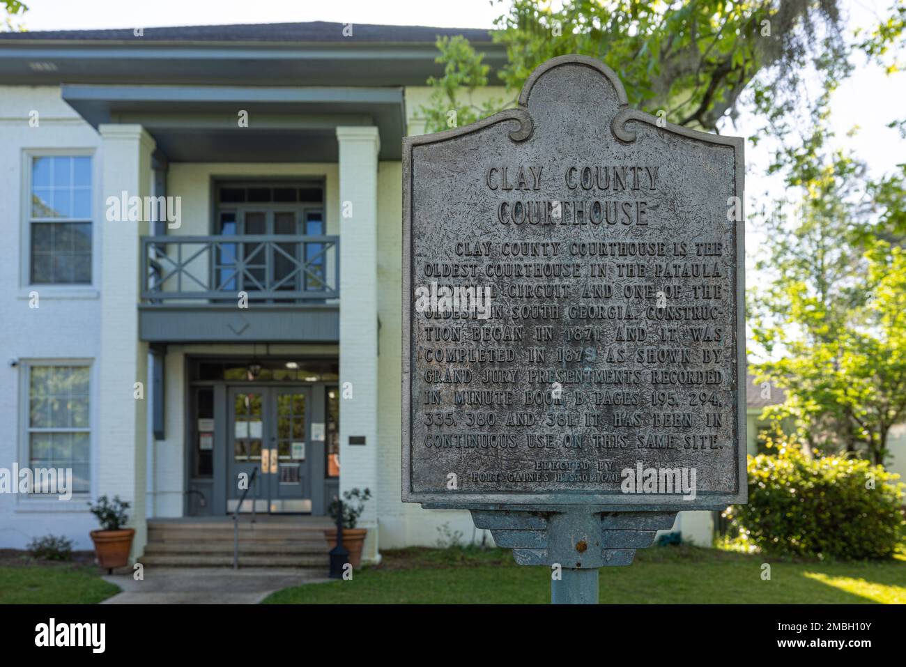 Fort Gaines, Georgia, USA - April 19, 2022: Plaque tells the history of Clay County Courthouse ...