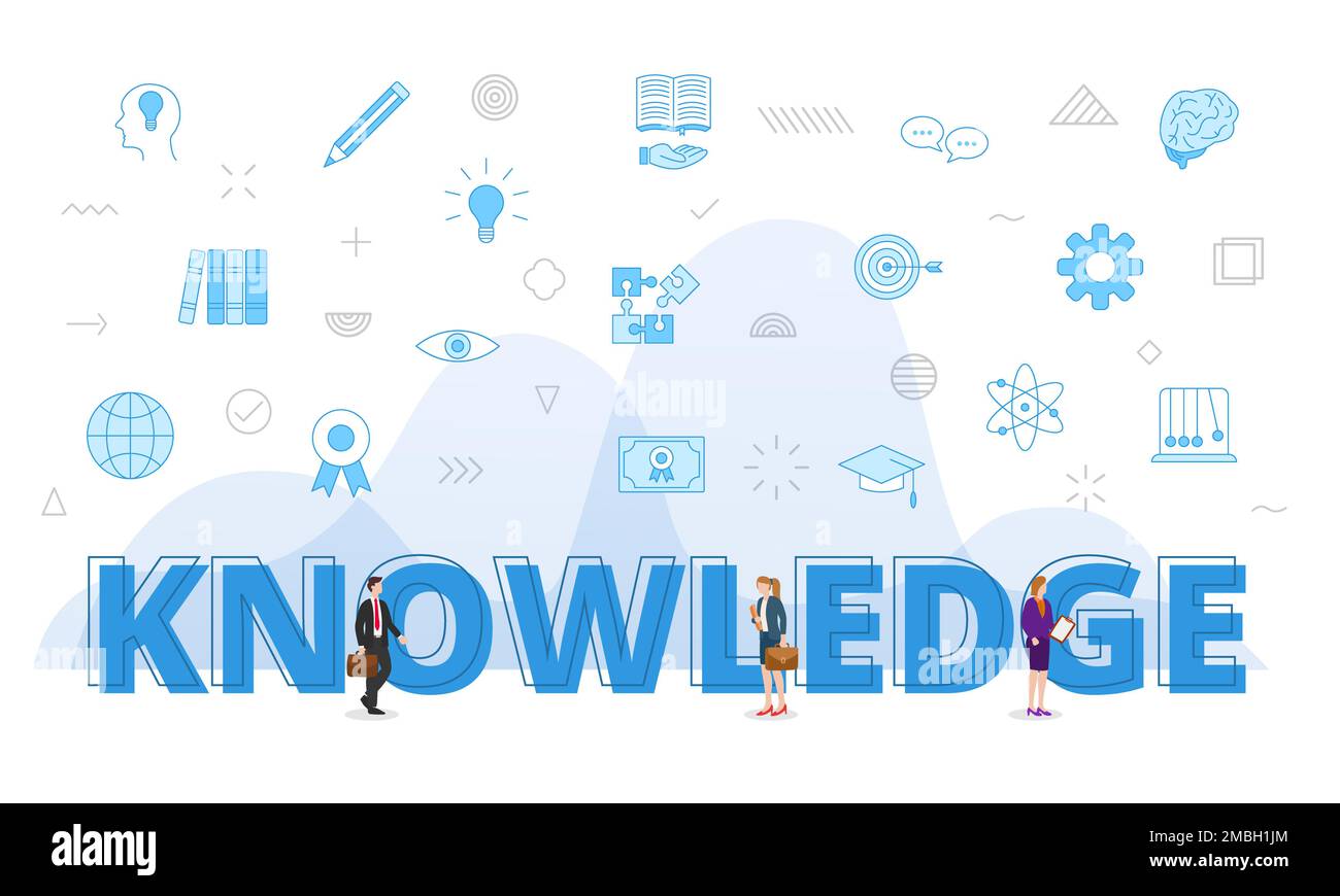 knowledge concept with big words and people surrounded by related icon ...