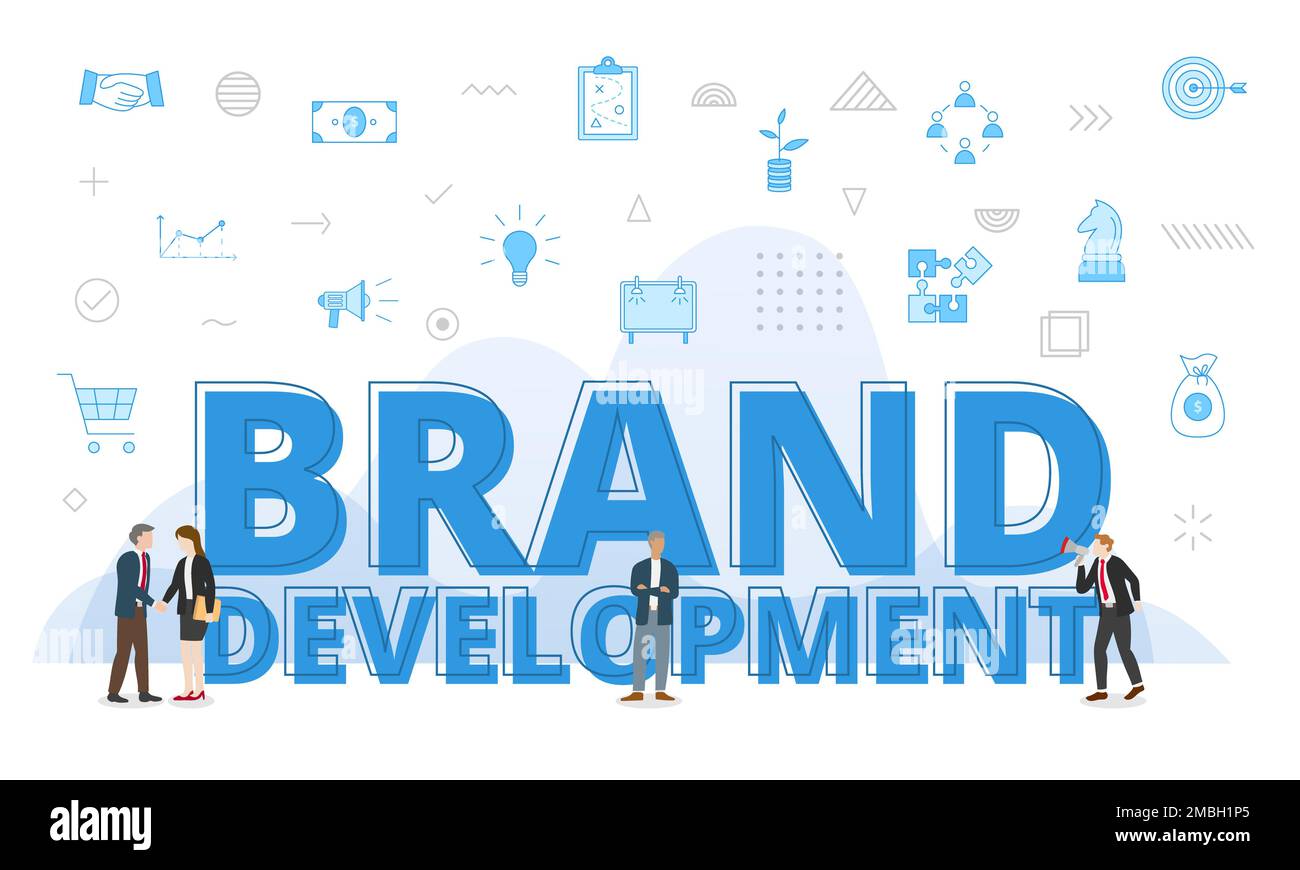 brand development concept with big words and people surrounded by ...
