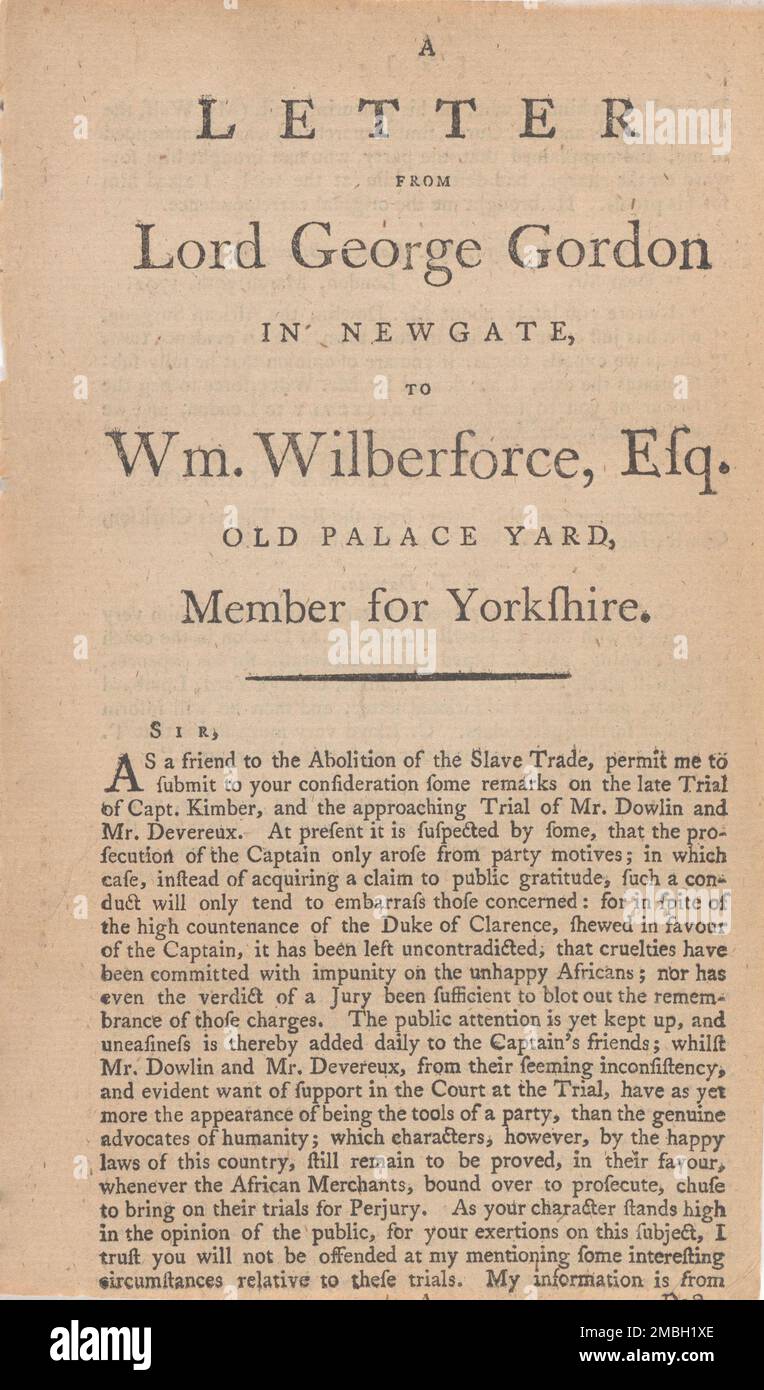 A letter from Lord George Gordon in Newgate, to Wm. Wilberforce, Esq ...