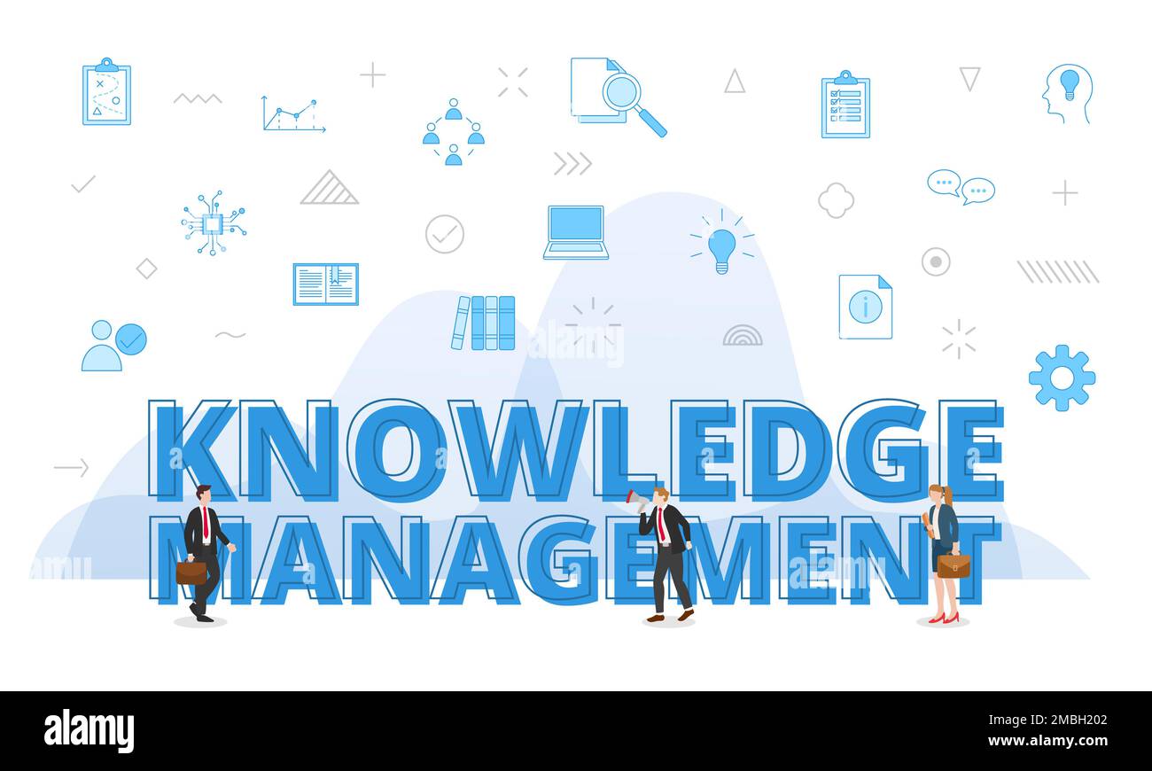 knowledge management concept with big words and people surrounded by related icon with blue ...