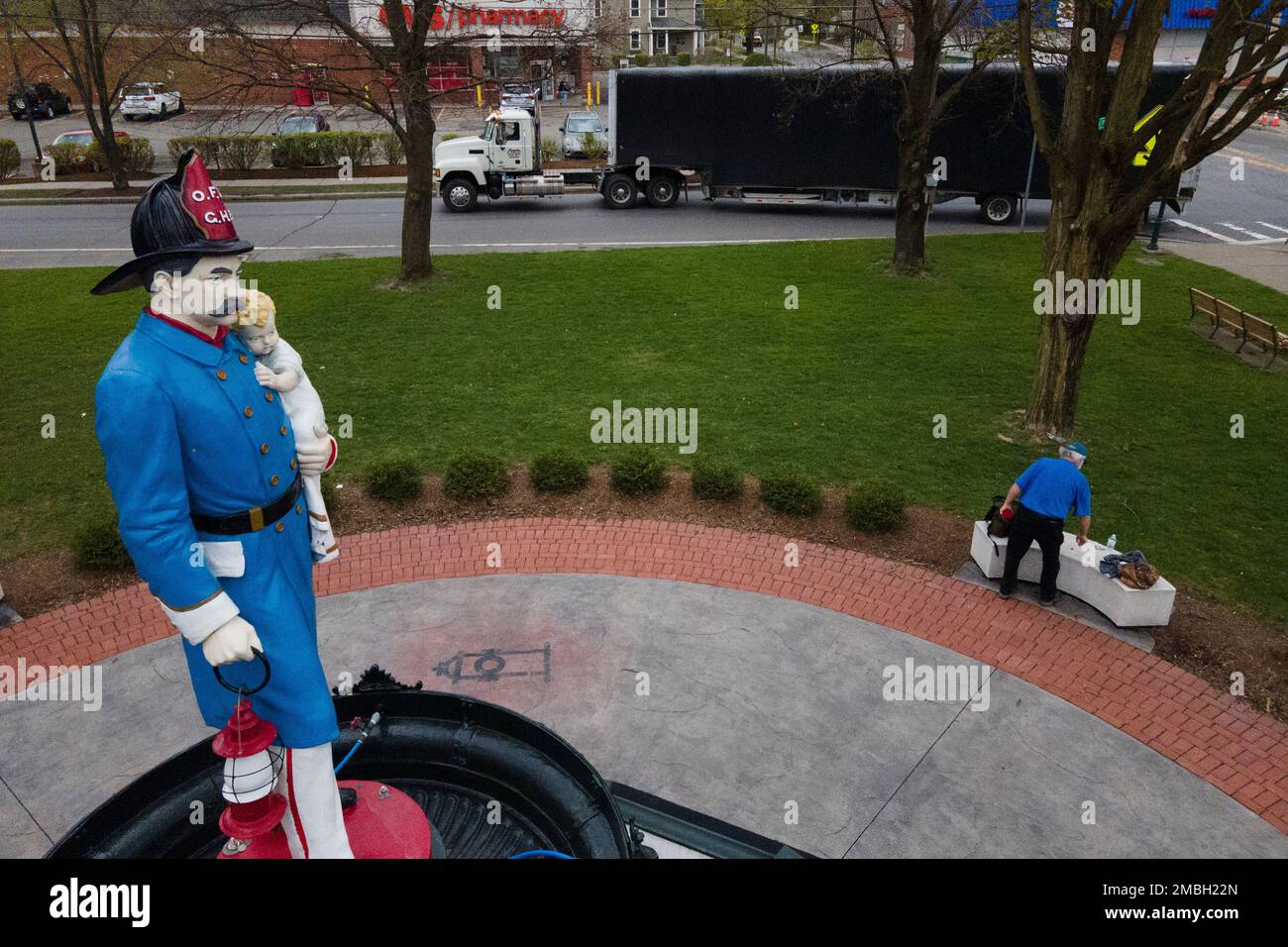 The restored Baker Fireman's Fountain with its landmark statue of a ...